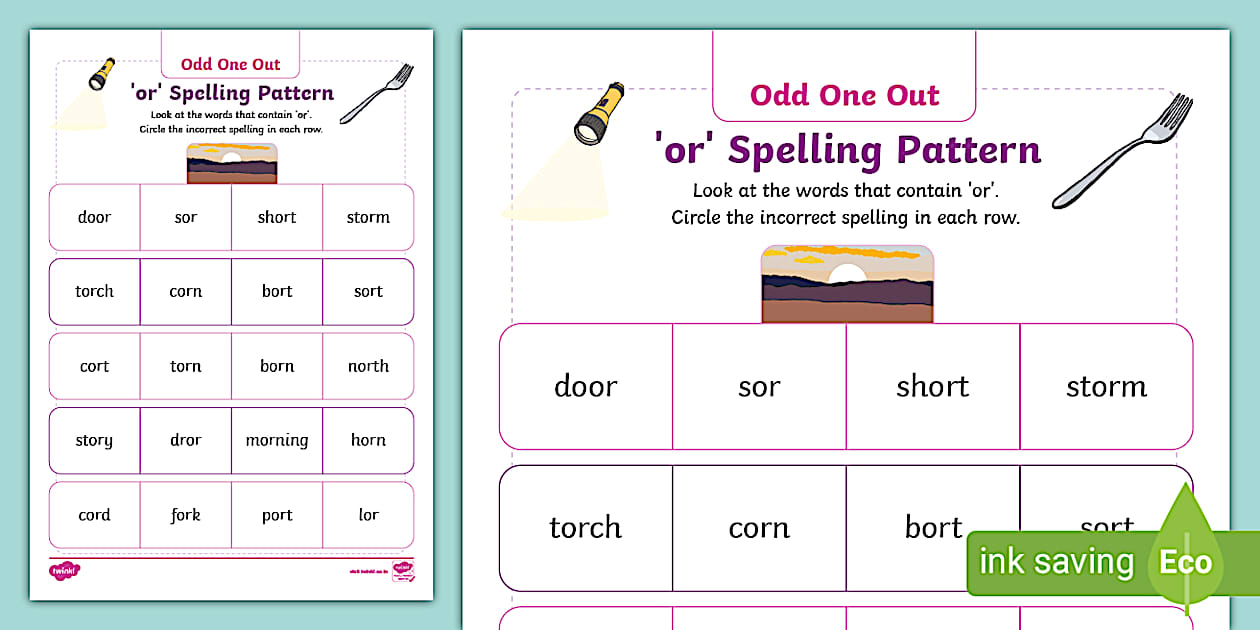 'or' Spelling Pattern Odd One Out Worksheet (teacher made)