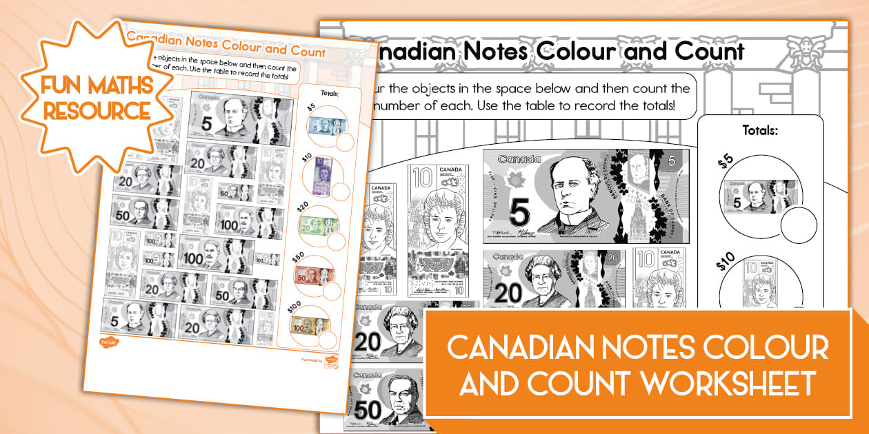Canadian Notes Colour and Count Worksheet