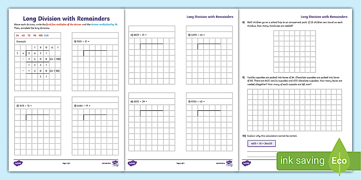 Long Division Practice Worksheet (teacher made) - Twinkl