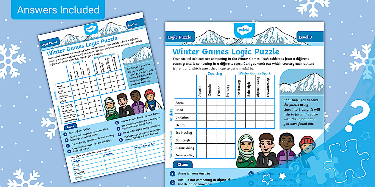 Winter Games Logic Puzzle - Level 3 - Kids Puzzles - Twinkl