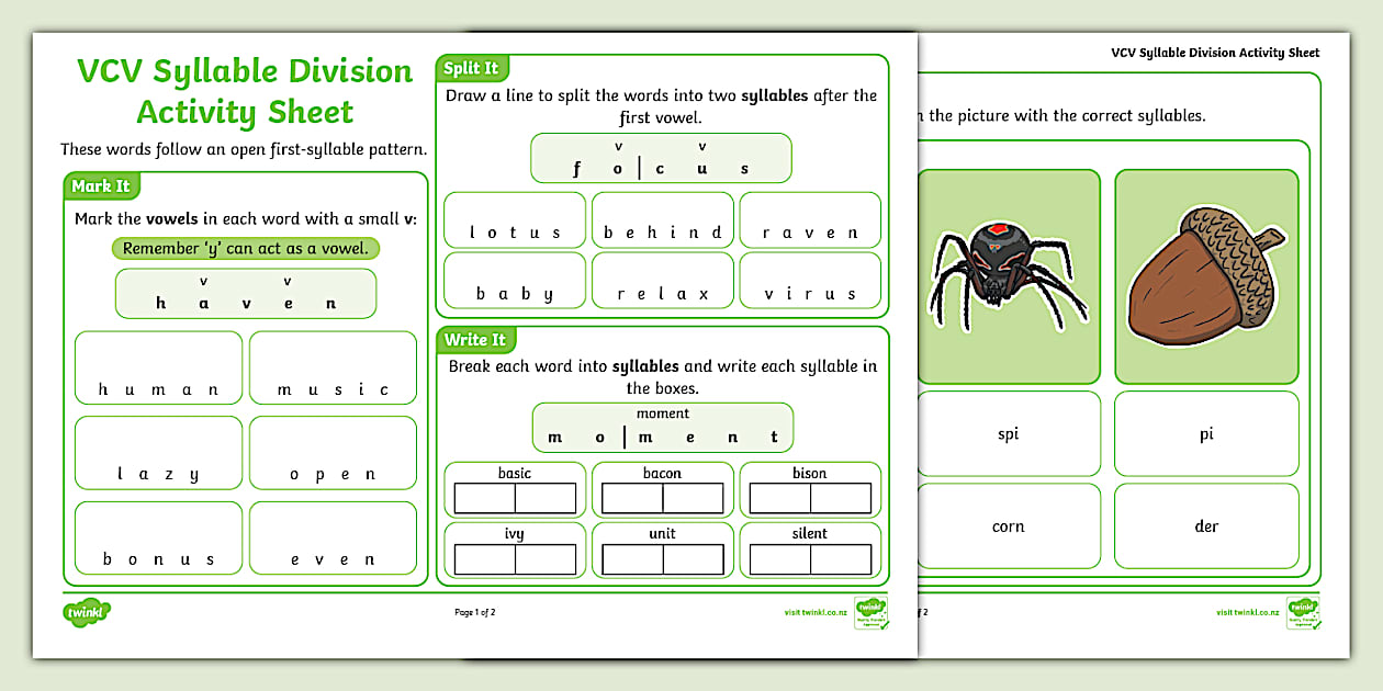 VCV Syllable Division Activity Sheets (teacher made)