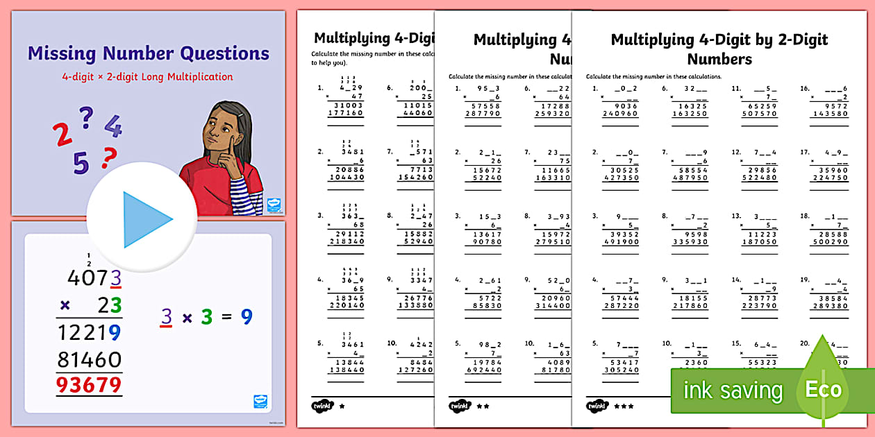 Multiplication 4-Digit x 2-Digit Missing Numbers Differentiated Worksheet