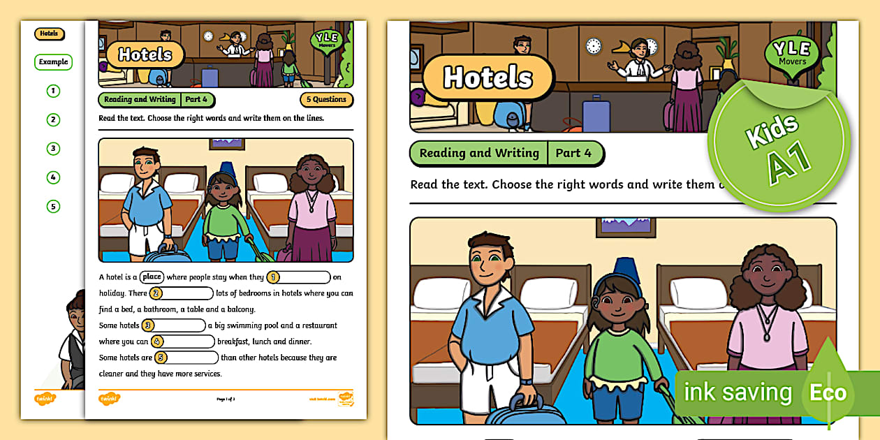 YLE Movers - Reading and Writing Part 4 - Practice Sheet (Hotels) [A1]