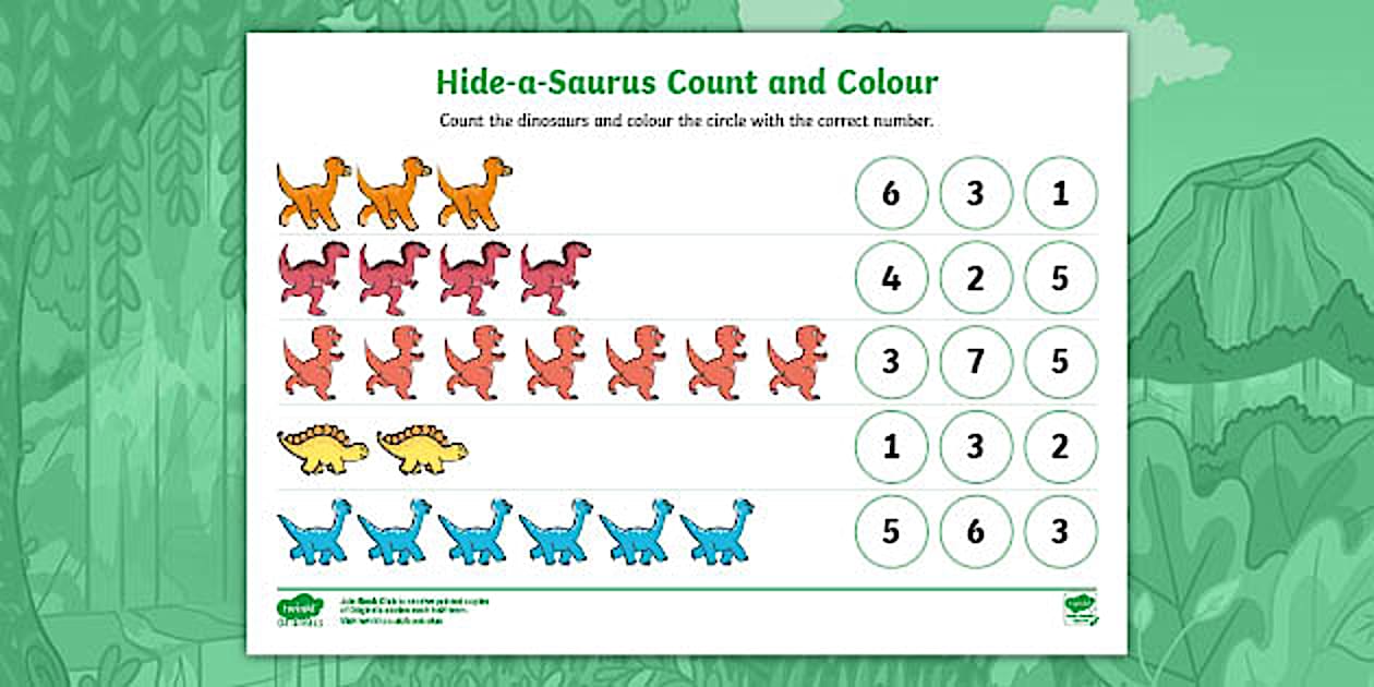 Hide-a-Saurus Dinosaur Count and Colour Worksheet - Twinkl
