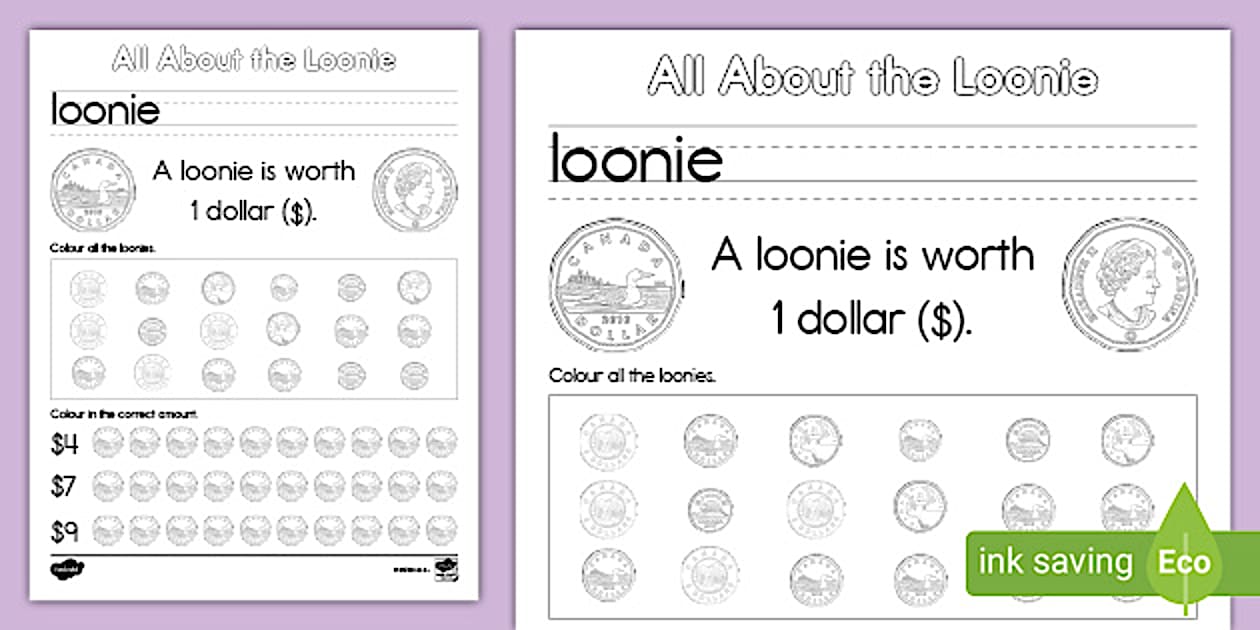Editable All About the Loonie Canadian Money Worksheet