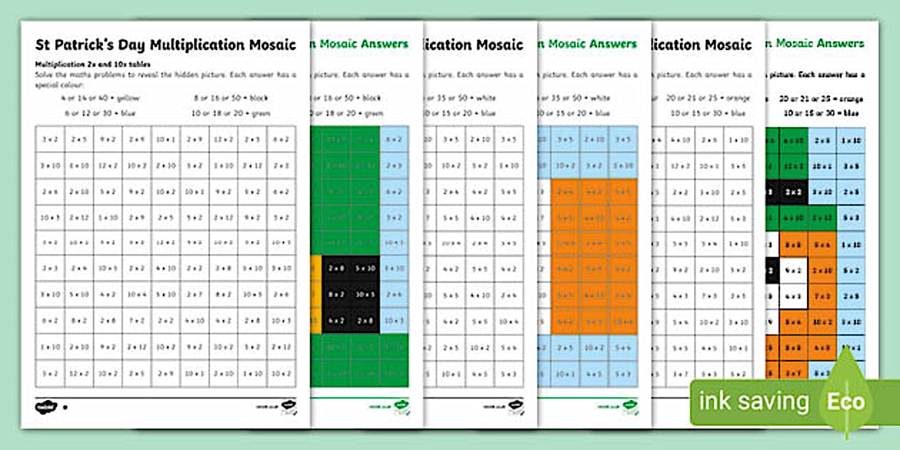 Editable St Patrick's Day Multiplication Maths Mosaic Worksheets