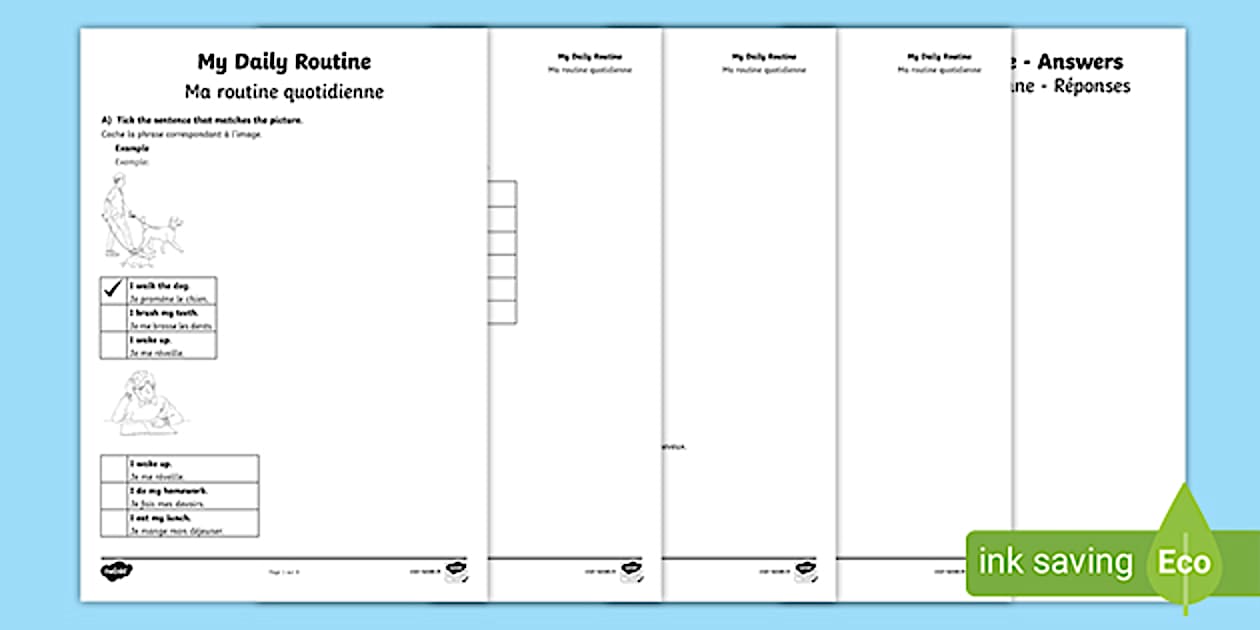 Feuille d'activités : Ma routine quotidienne - English-French