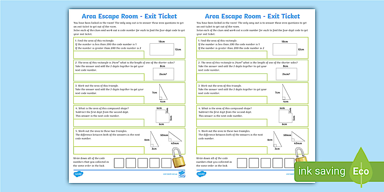 Area Escape Room - Exit Ticket Worksheet - Year 5-6 - Twinkl