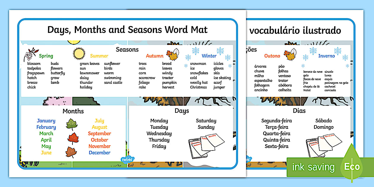 Days, Months and Seasons Word Mat English/Portuguese - Days, Months and