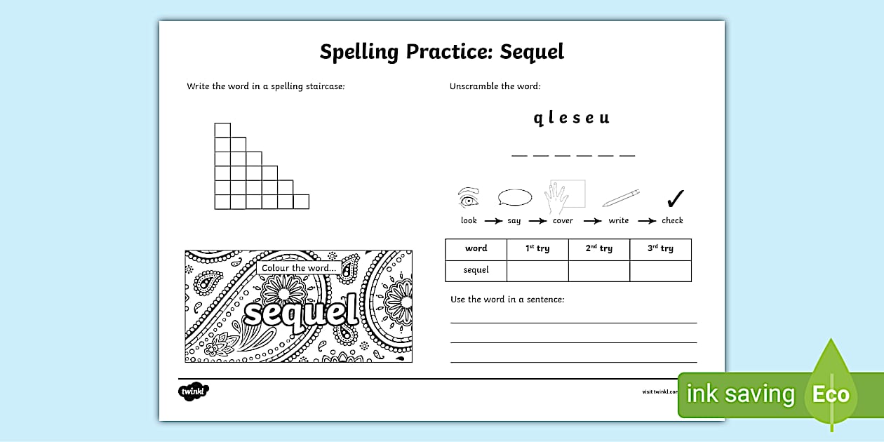 Sequel Spelling Practice Worksheet