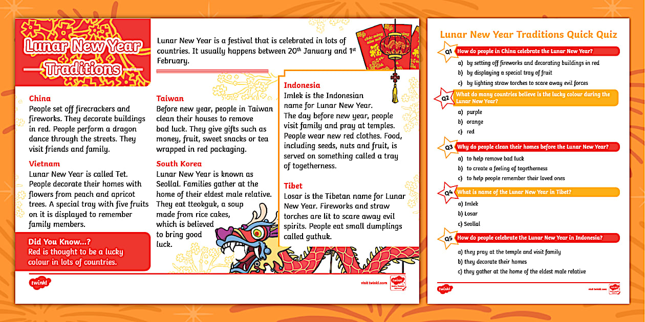 Lunar New Year Traditions Fact File and Quiz (teacher made)