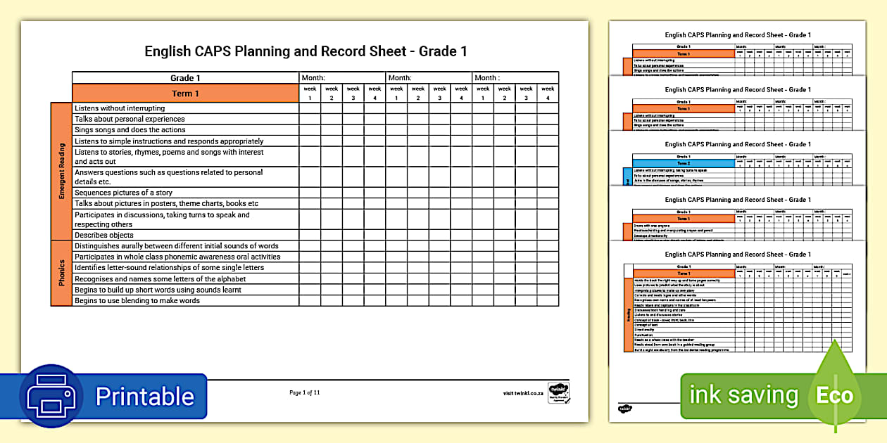 English CAPS Planning and Record Sheet - Grade 1 - Twinkl