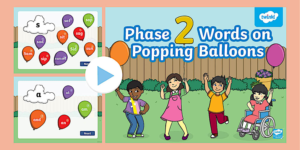 Phase 2 Words on Popping Balloons PowerPoint - Twinkl