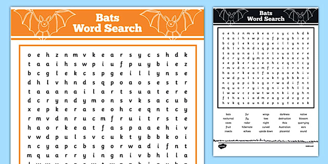 Black and White Australian Animals Years 3-6 Bats Word Search
