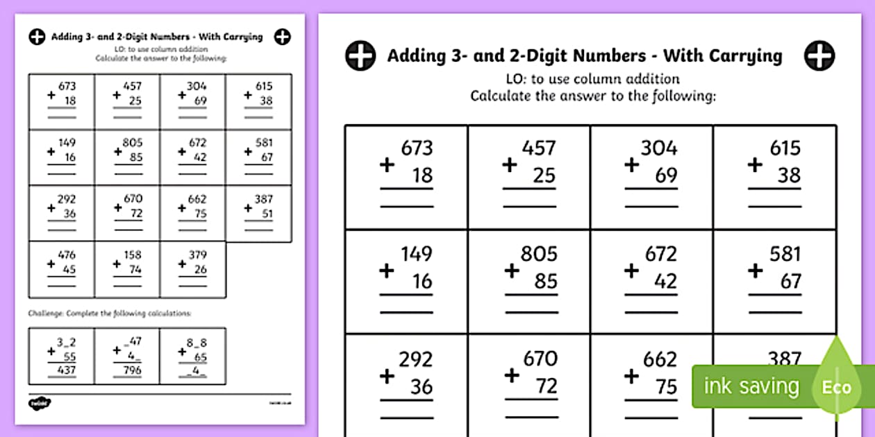 Adding 3 and 2 Digit Numbers in a Column with Carrying Answers ...