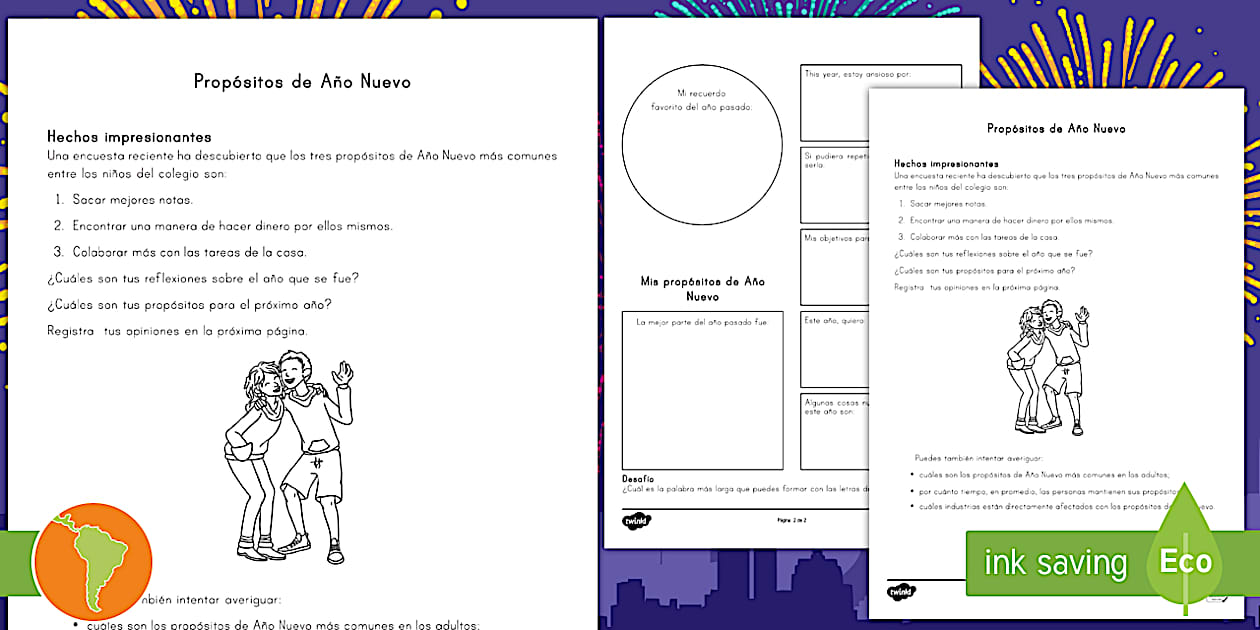Ficha de actividad: Propósitos de Año Nuevo - Twinkl