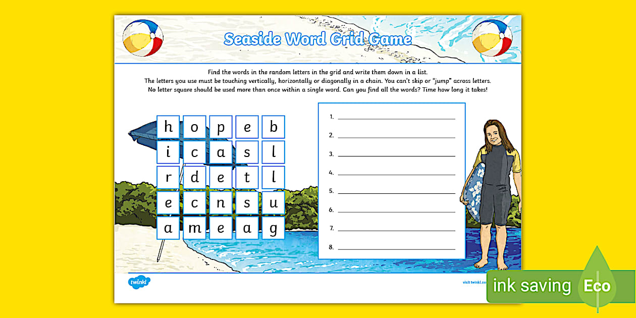 Seaside Word Grid Game (teacher made) - Twinkl