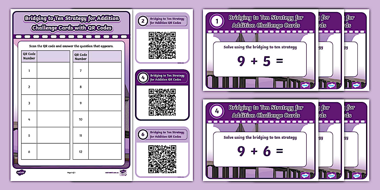 Bridging to Ten Addition Challenge Cards with QR Codes