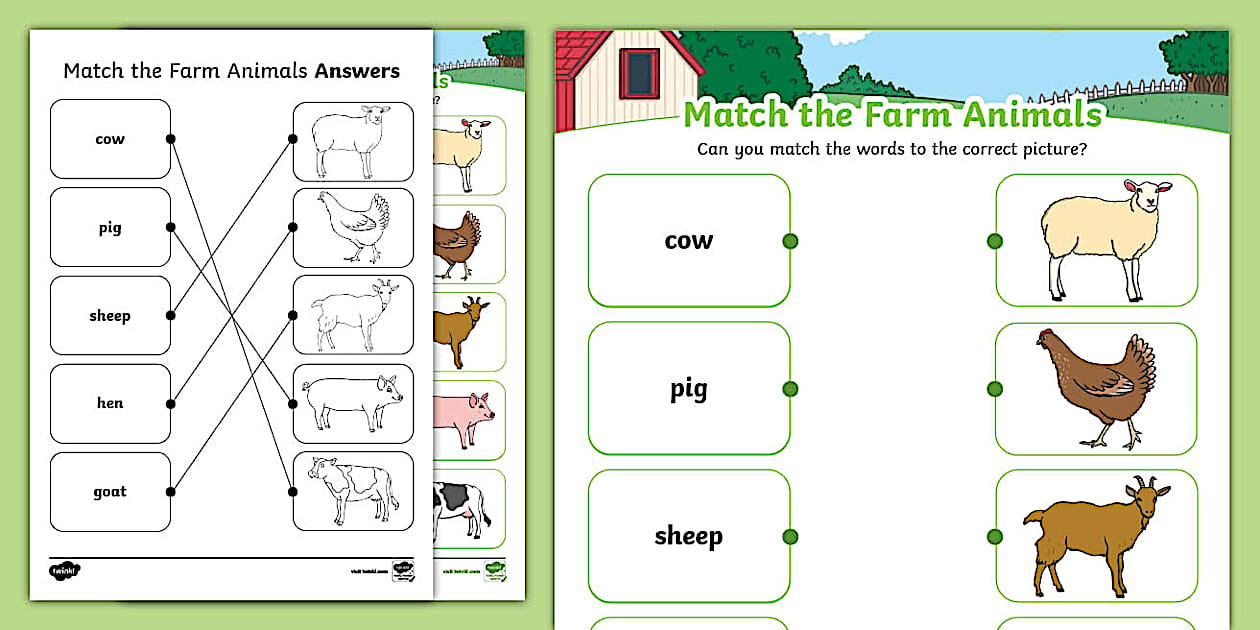 Farm Animals Matching Worksheet - Twinkl