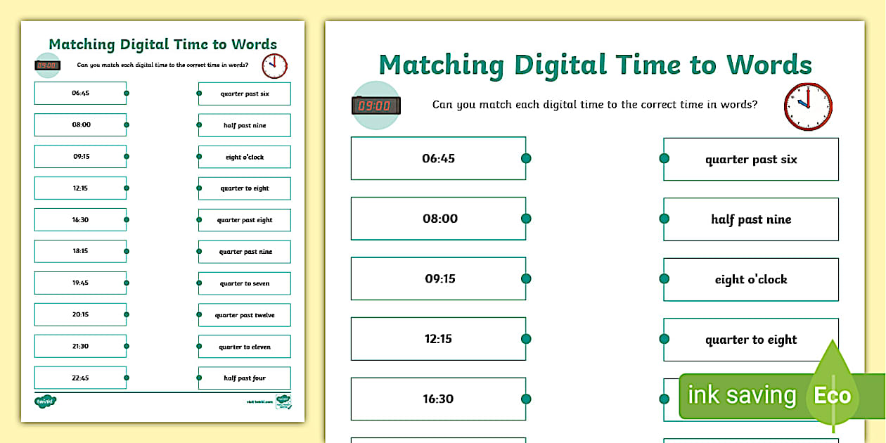 👉 Matching Time: Words to Digital Clocks (teacher made)