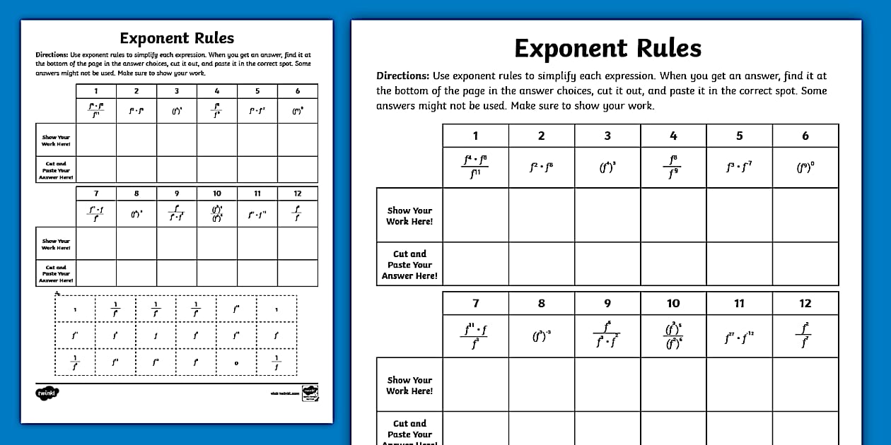 Eighth Grade Exponent Rules Cut and Paste Activity - Twinkl