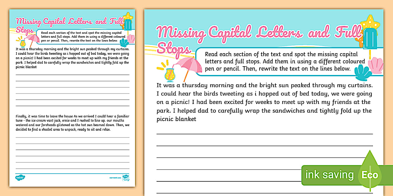 Summer Missing Capital Letters and Full Stops Worksheet