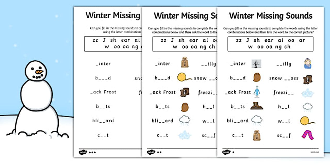 Black and White Winter Missing Sounds Worksheet - Twinkl