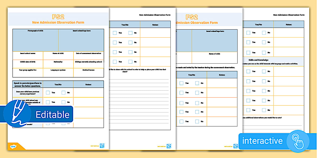 FS2 Early Years Assessment Observation Form (teacher made)