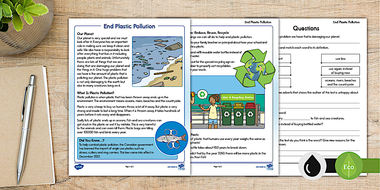 End Plastic Pollution Reading Comprehension (teacher made)