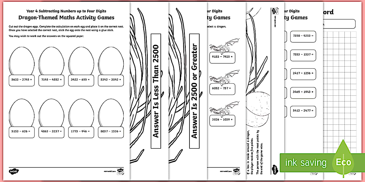 Editable Year 4 Subtracting Numbers up to Four Digits Dragon Themed Maths