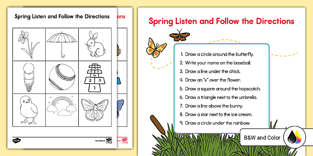 Spring Listen and Follow the Directions Worksheet - Twinkl