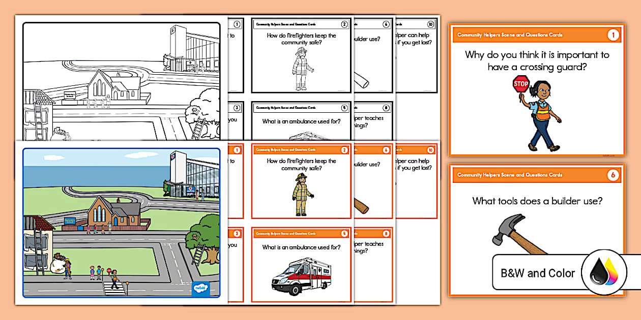 Community Helpers Scene and Question Cards for K-2nd Grade