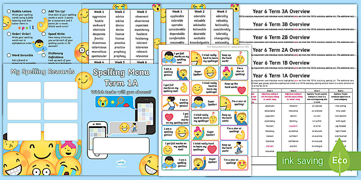 Editable Year 6 Emoji Themed Spelling Menu Pack - Twinkl