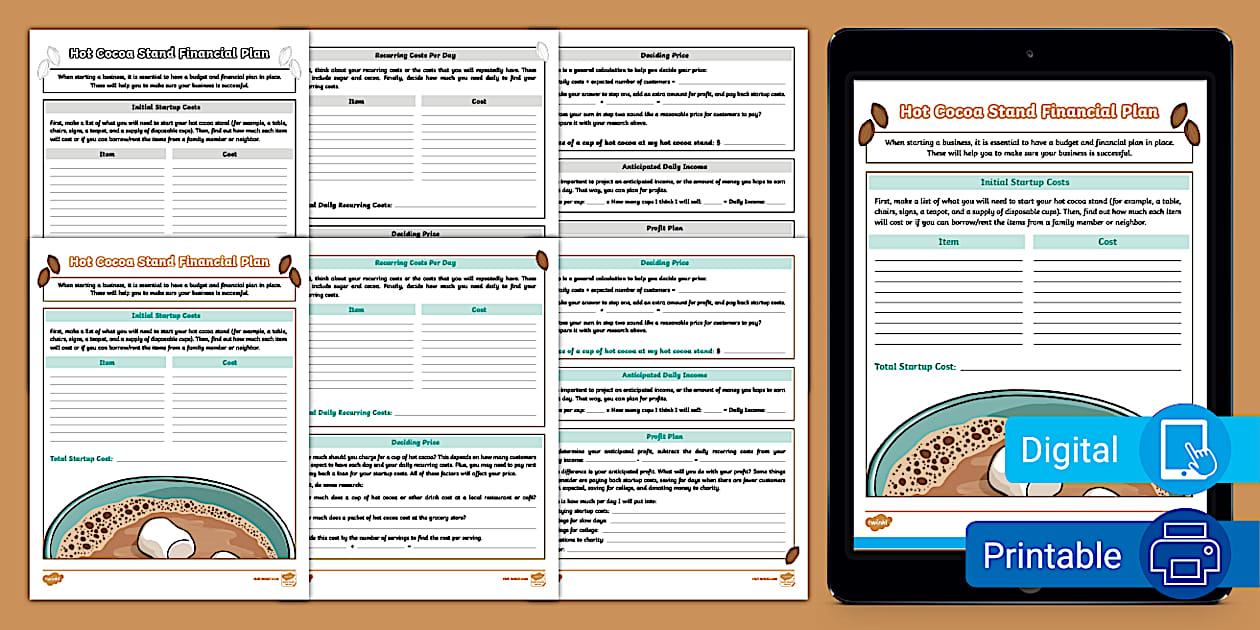 Hot Cocoa Stand Financial Plan Worksheet for 3rd - 5th Grade