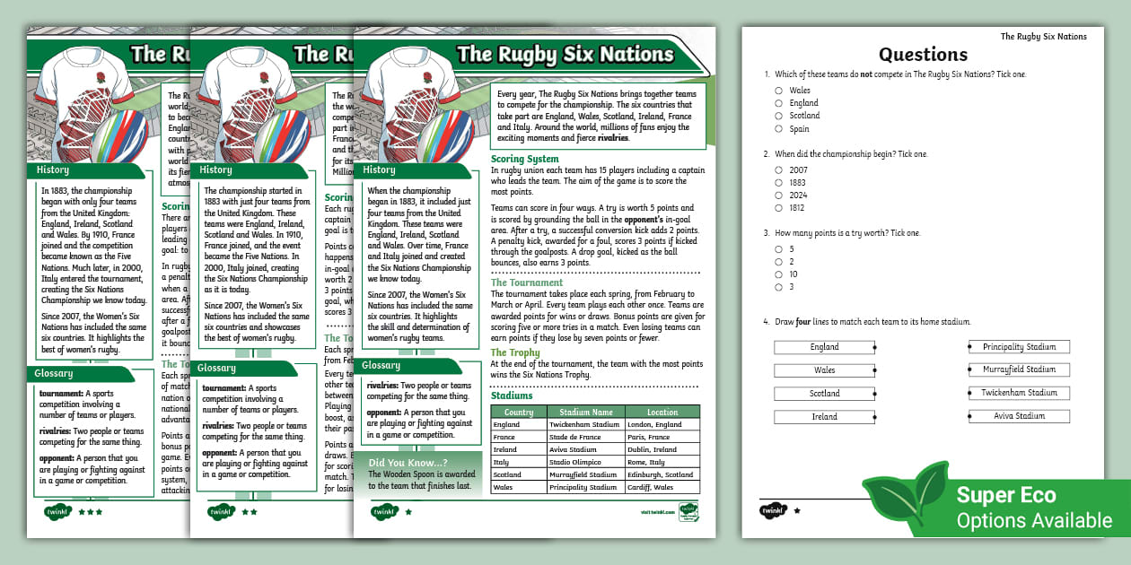 LKS2 The Rugby Six Nations Reading Comprehension Activity