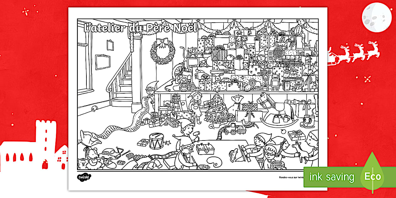 Feuille de coloriage : L'atelier du Père Noël - Twinkl