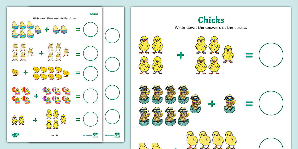 👉 Chicks up to 10 Addition Worksheet (teacher made)