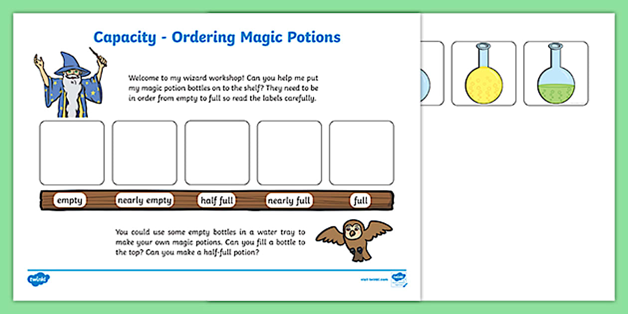 👉 Ordering Magic Potions Capacity Worksheet - Twinkl