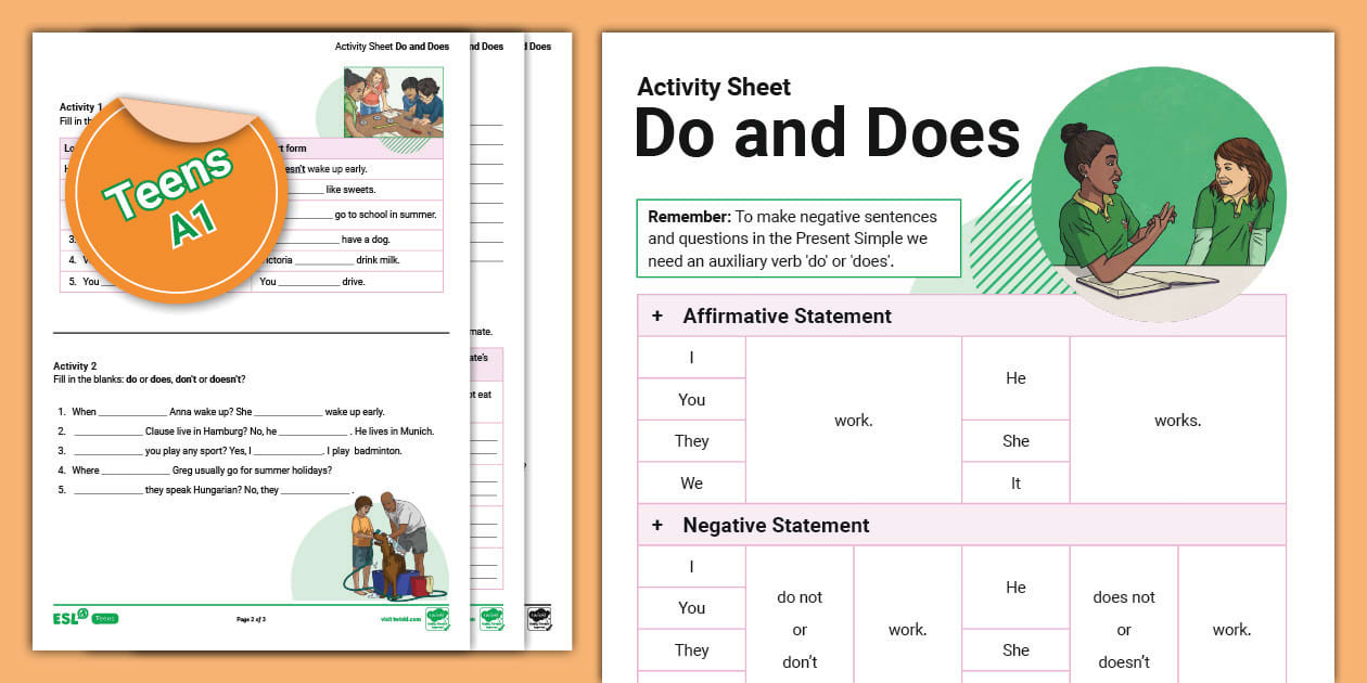 ESL Do and Does Activity Sheet for Teens (teacher made)
