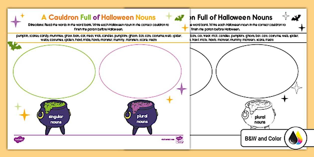 A Cauldron Full of Halloween Nouns Worksheet for 1st-2nd Grade