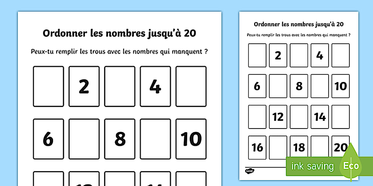 Feuille d'activités : Ordonner les nombres jusqu'à 20