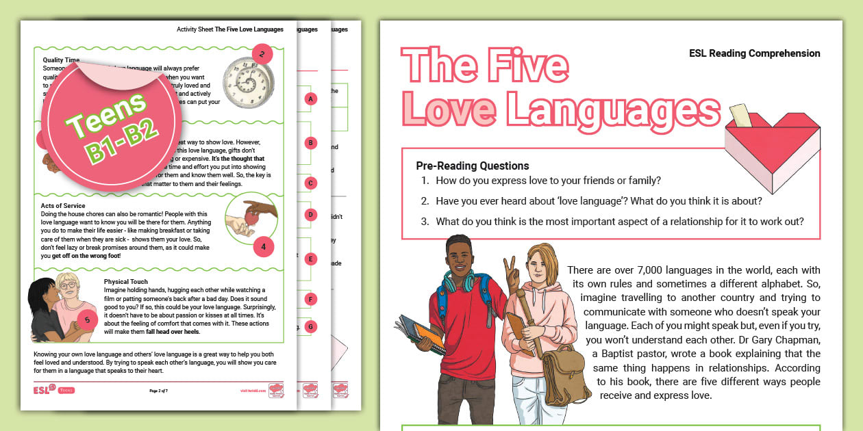 ESL The Five Love Languages Reading Comprehension for Teens