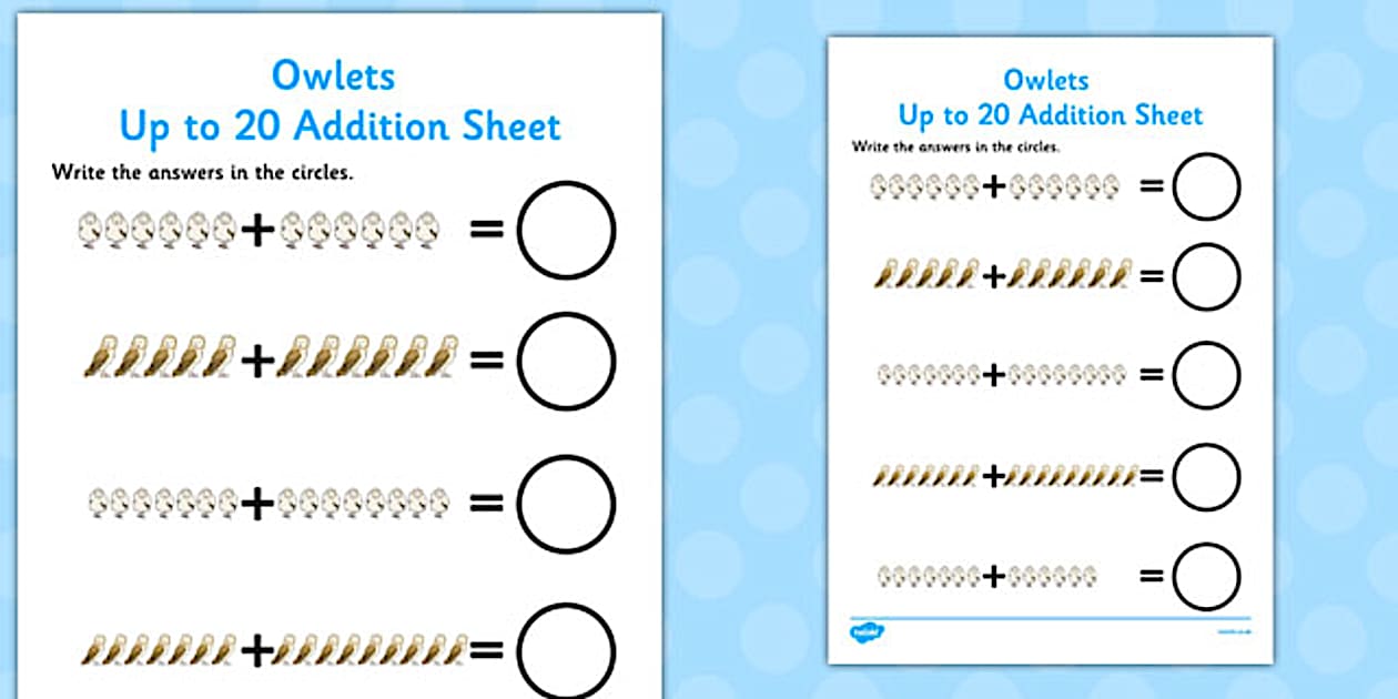 Black and White Owl Addition Sheet to 20 (teacher made)