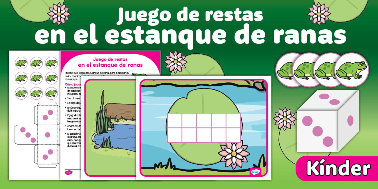 Juego de restas para kínder en el estanque de las ranas