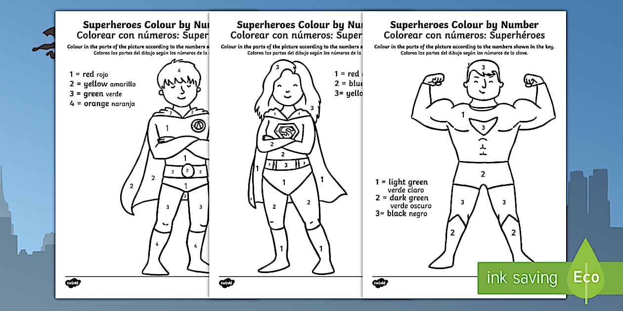 Superheroes Color by Number English/Spanish (Teacher-Made)
