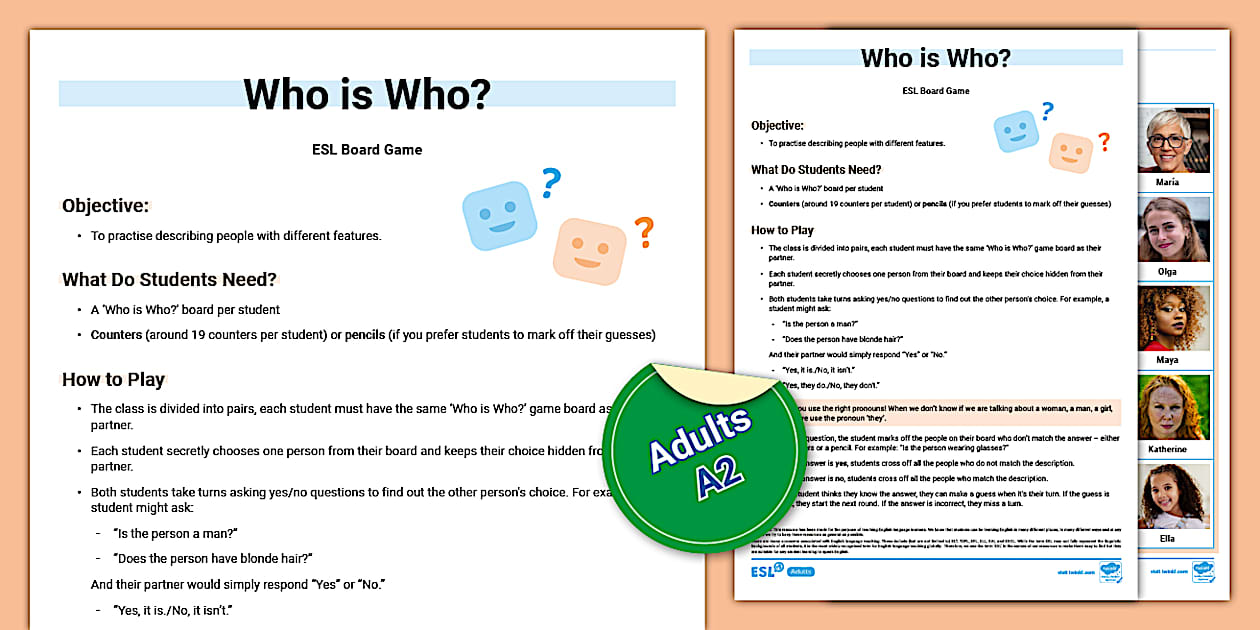 ESL Who is Who Board Game [Adults, A2] (teacher made)