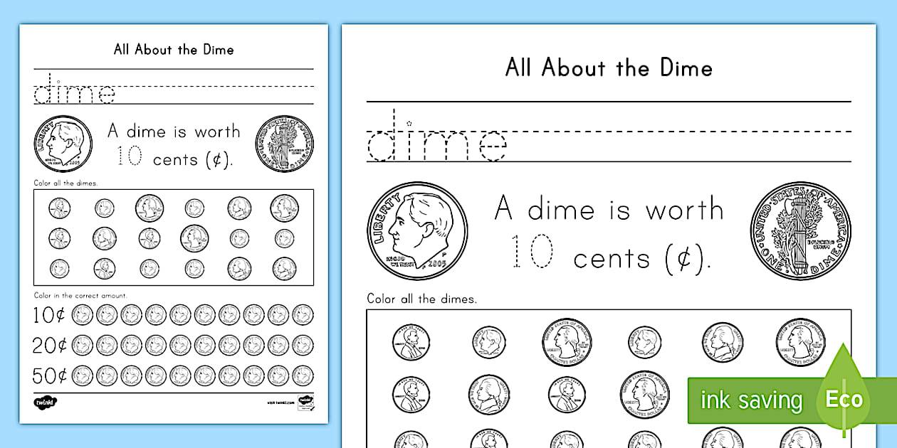 All About the Dime Worksheet (Hecho por educadores) - Twinkl
