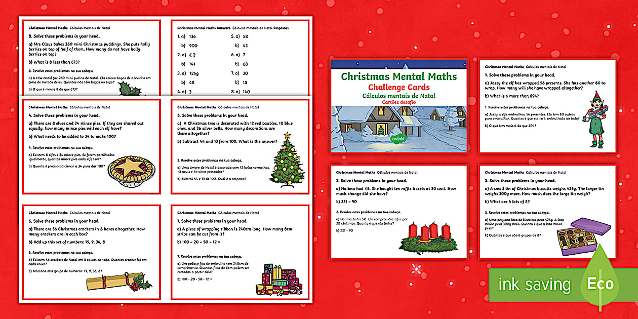 Year 3 Christmas Mental Maths Challenge Cards English/Portuguese