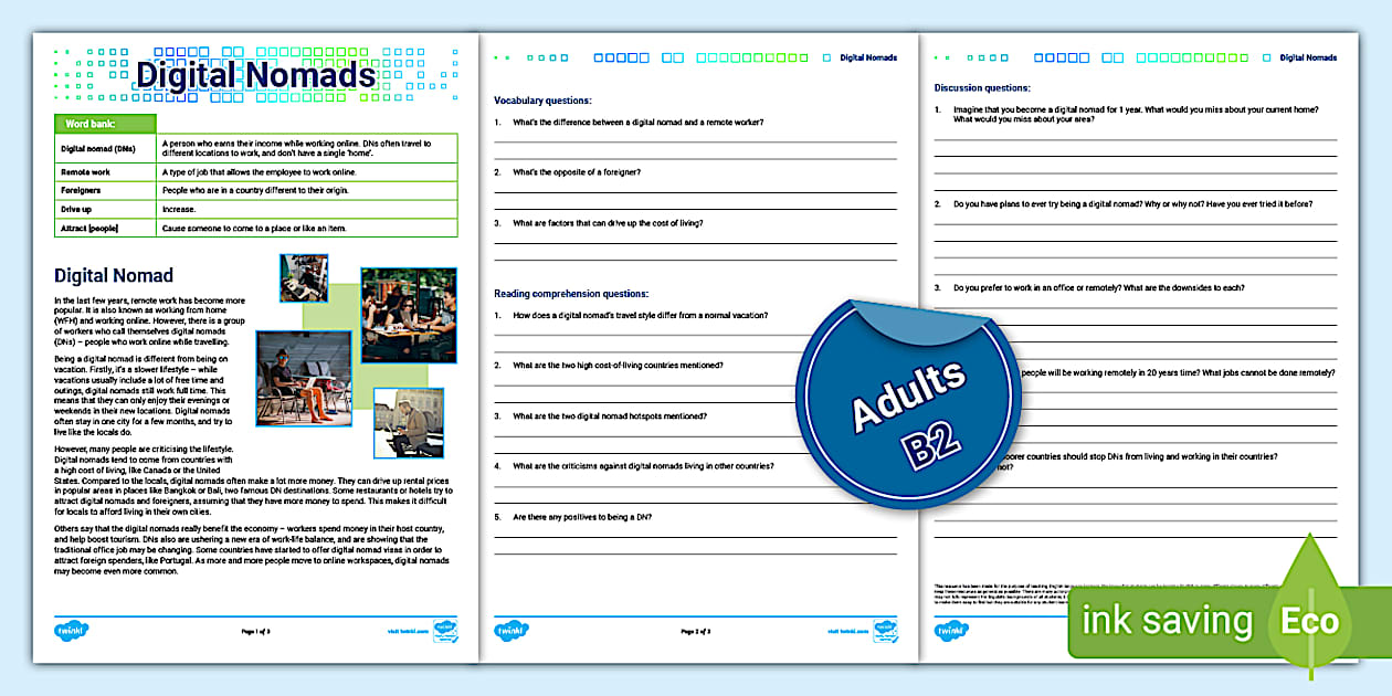 Digital Nomads Reading Comprehension [Adults, B2] - Twinkl