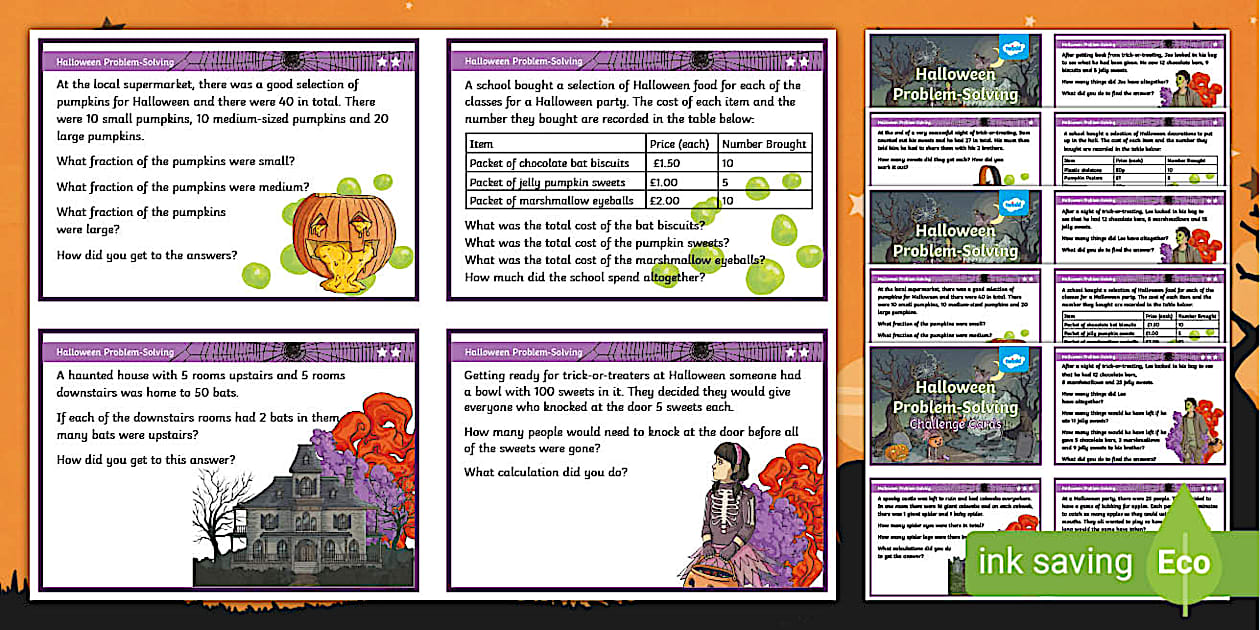 Halloween Maths Problem-Solving Challenge Cards - Twinkl